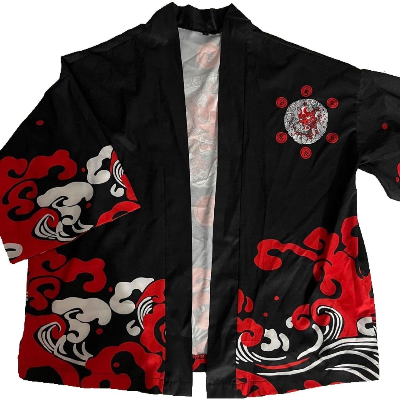 Black, red and white kimono with design on sleeves... - Depop