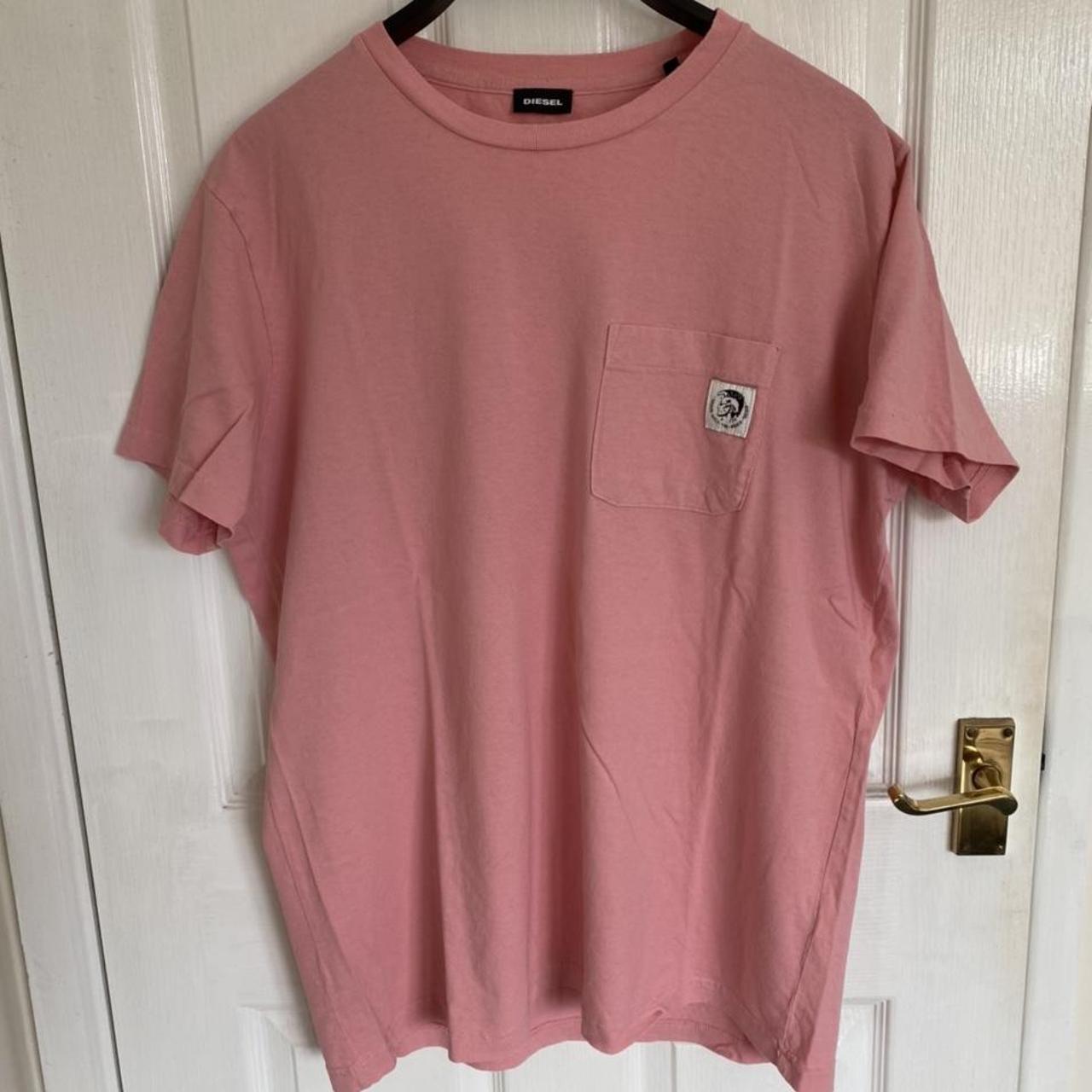 pink diesel t shirt with pocket logo, worn once like... - Depop