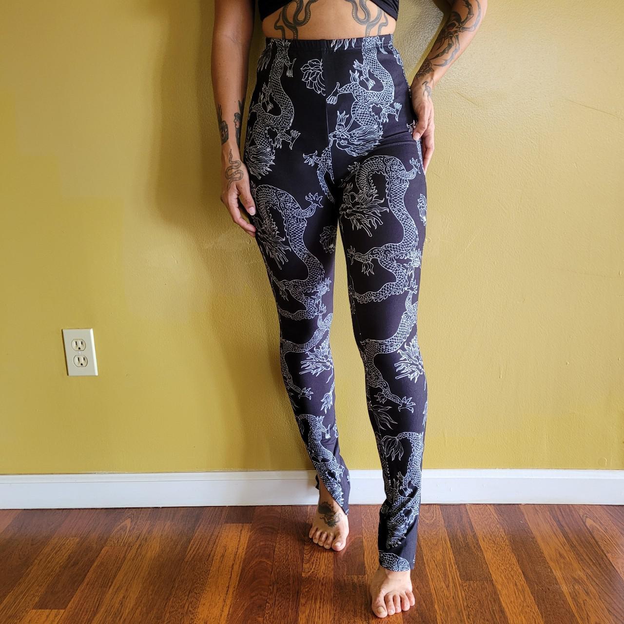 Black stretchy dragon print leggings size xs only... - Depop