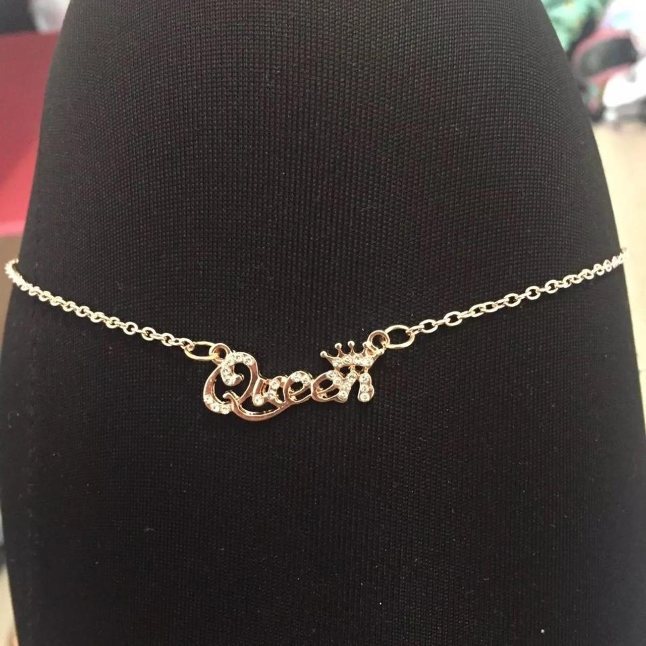 Gold Rhinestone Crown Queen Pendant Necklace Metal... - Depop