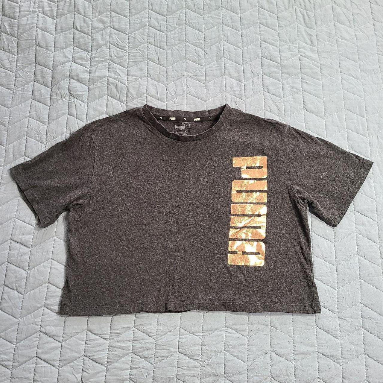 Puma gray crop workout tee with rose gold lettering... - Depop