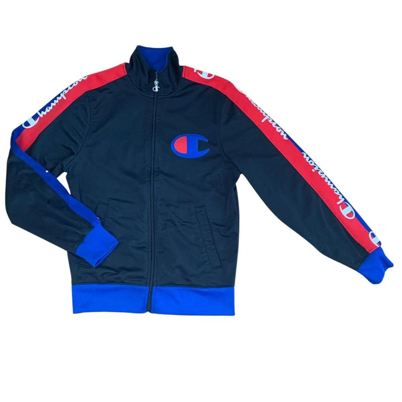 Champion Black Blue and Red Track Jacket Good... - Depop
