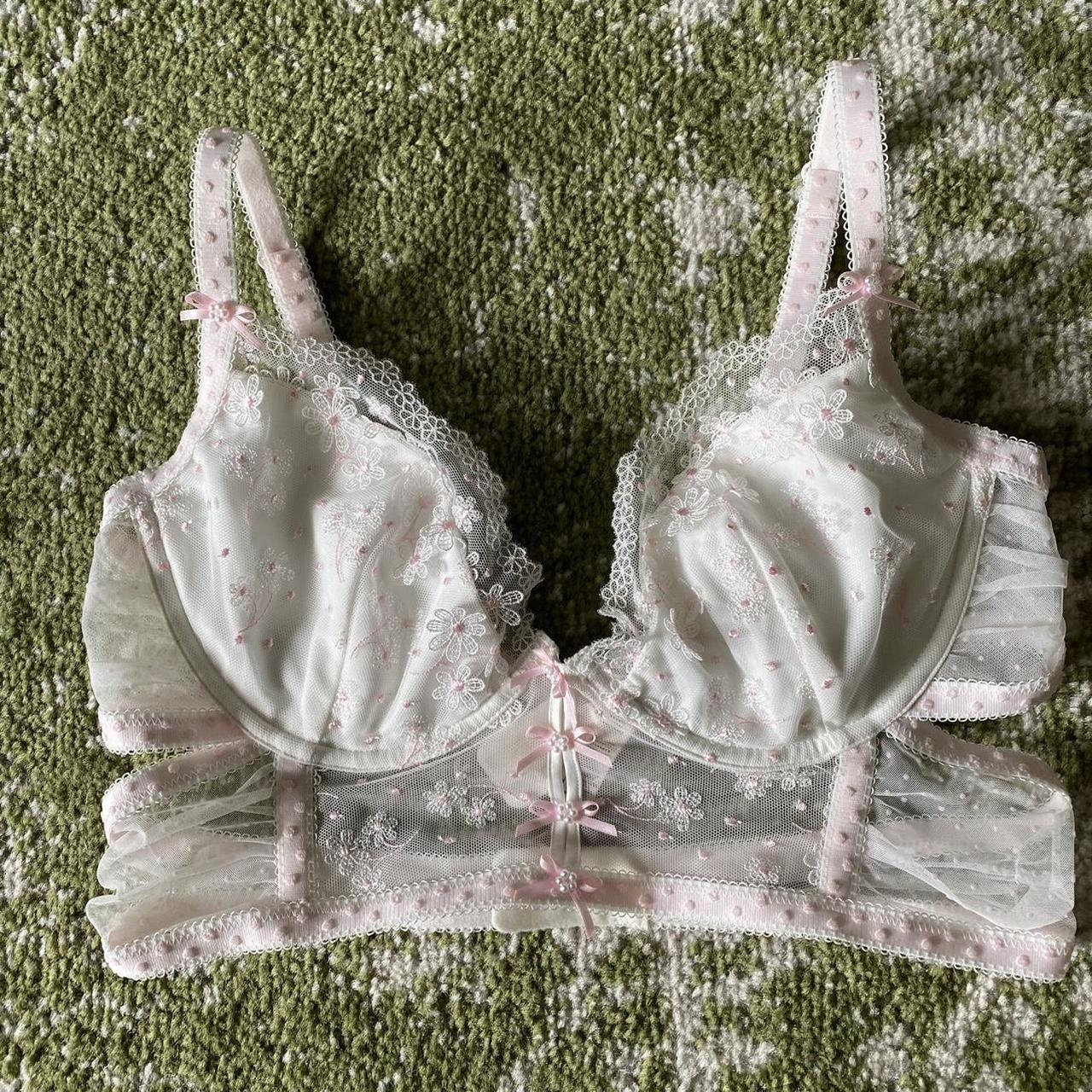 For Love & Lemons Women's White and Pink Bra | Depop