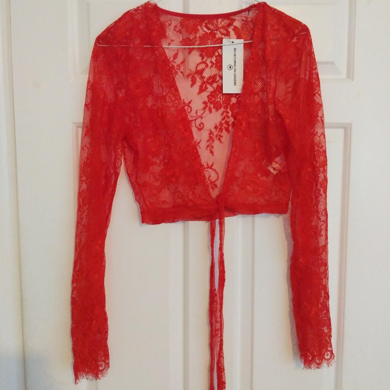 Red lace long sleeve cropped lingerie jacket with... - Depop