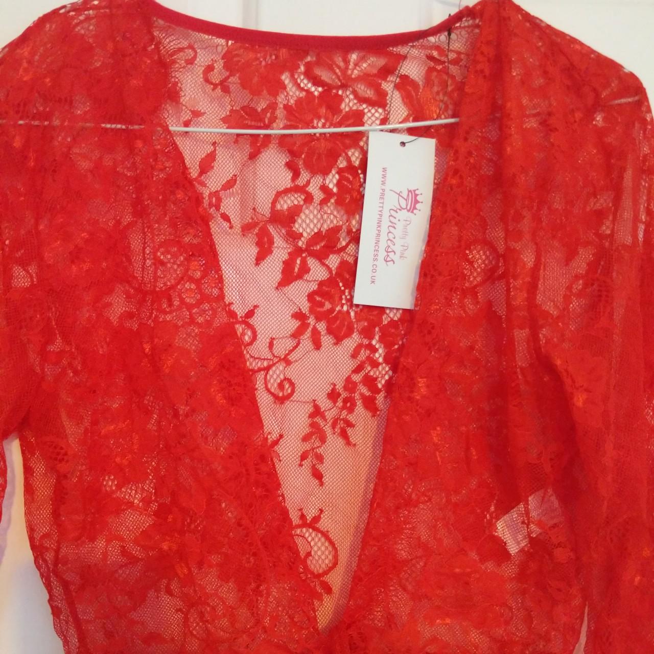 Red lace long sleeve cropped lingerie jacket with... - Depop