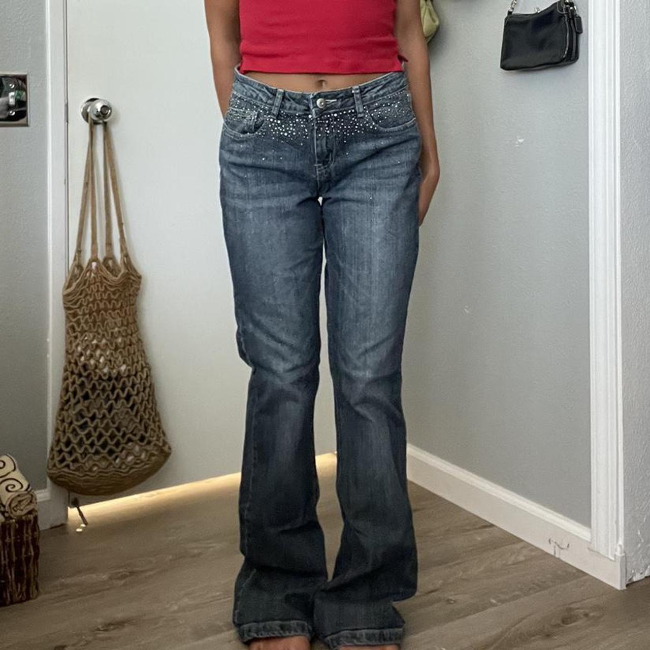 Cache low waisted rhinestone dark wash jeans Size... - Depop
