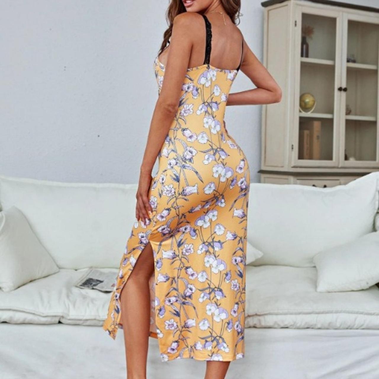 Yellow Floral Lace Trim Side Split Nightgown Size... - Depop