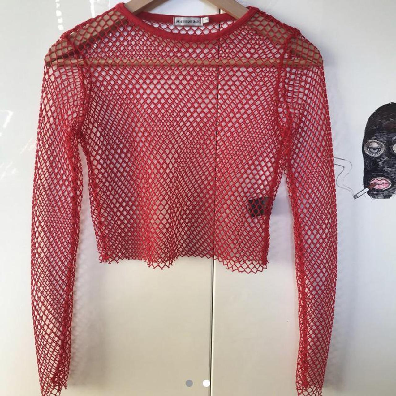 red string fishnet long sleeve crop top from urban... | Depop