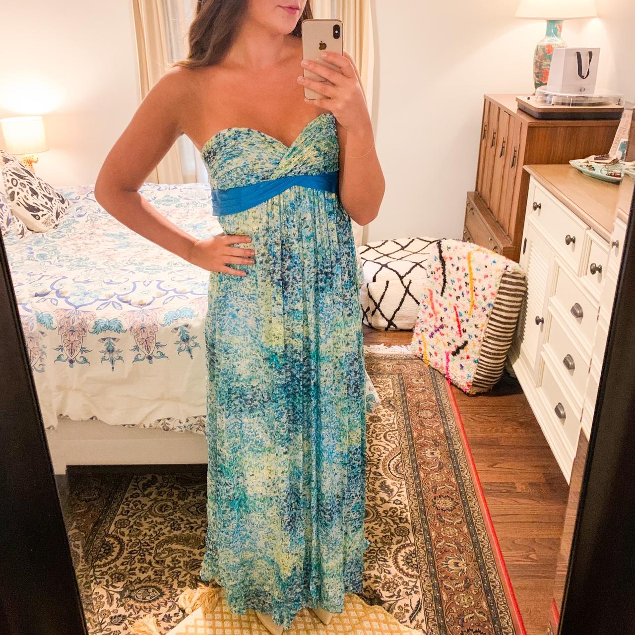 BCBG strapless boho prom gown with empire waist and... - Depop