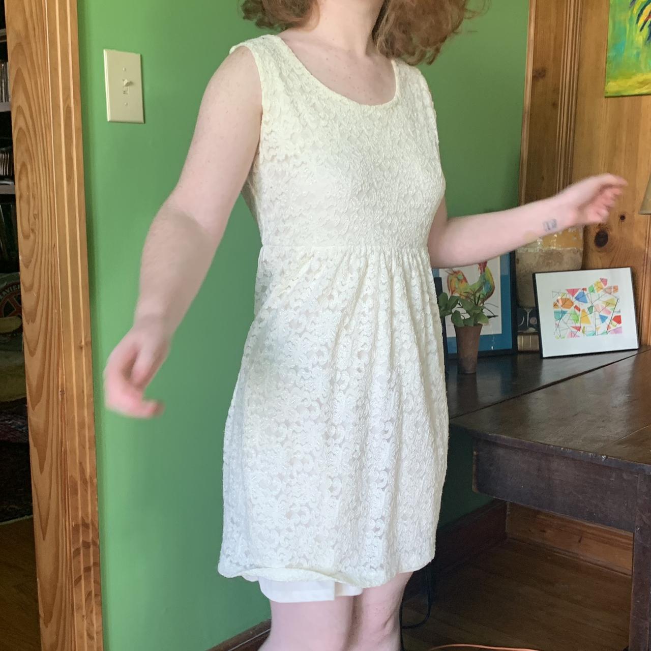 White, slightly boxy dress with lace pattern. Has... - Depop