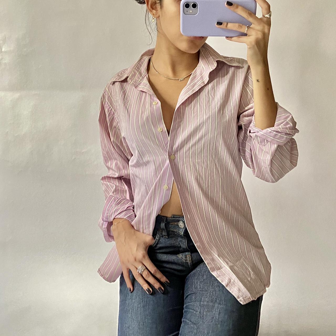 Oversized pinstripe shirt in baby pink- pink and... - Depop