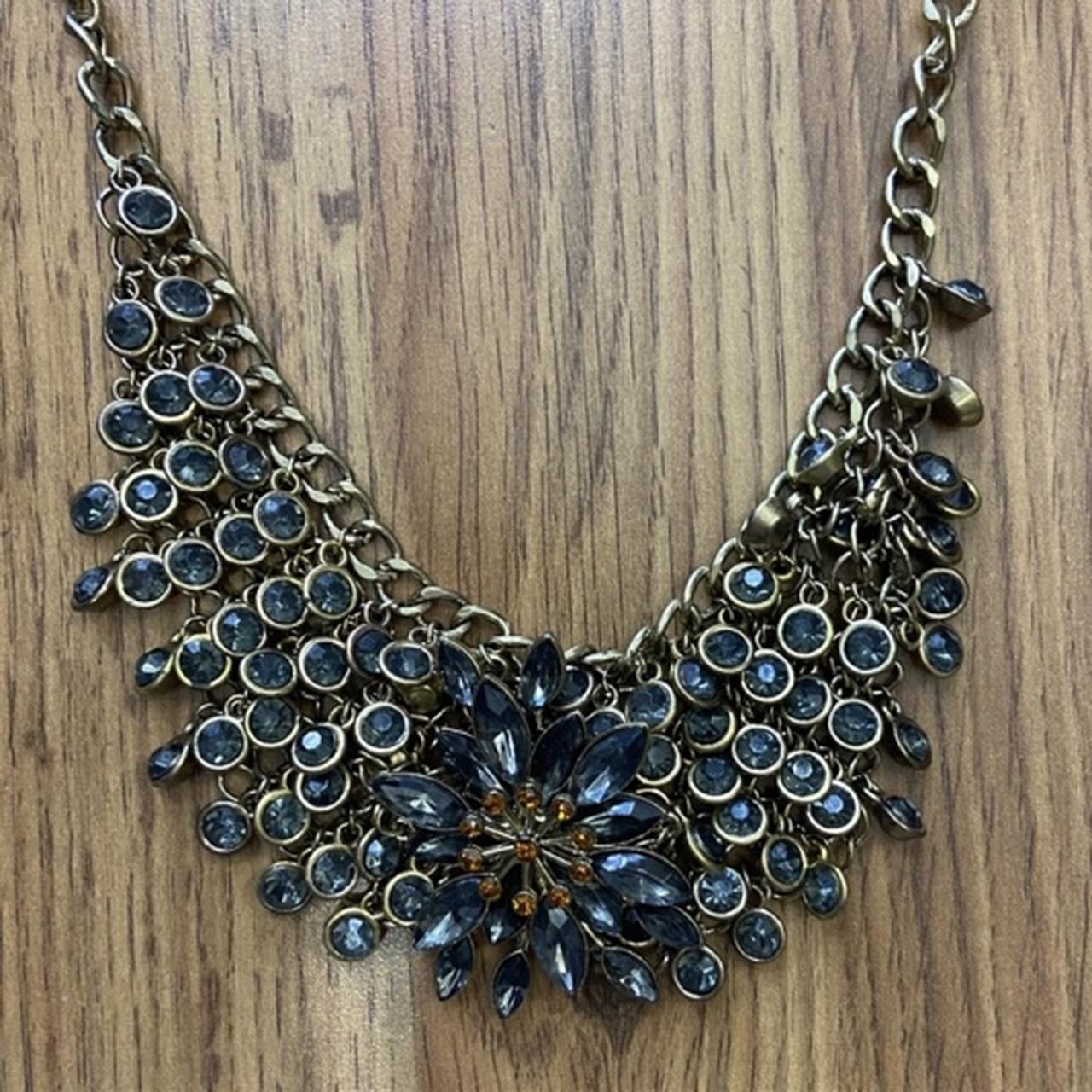 Vintage Bulky Necklace. Gray crystals bulky metal... - Depop