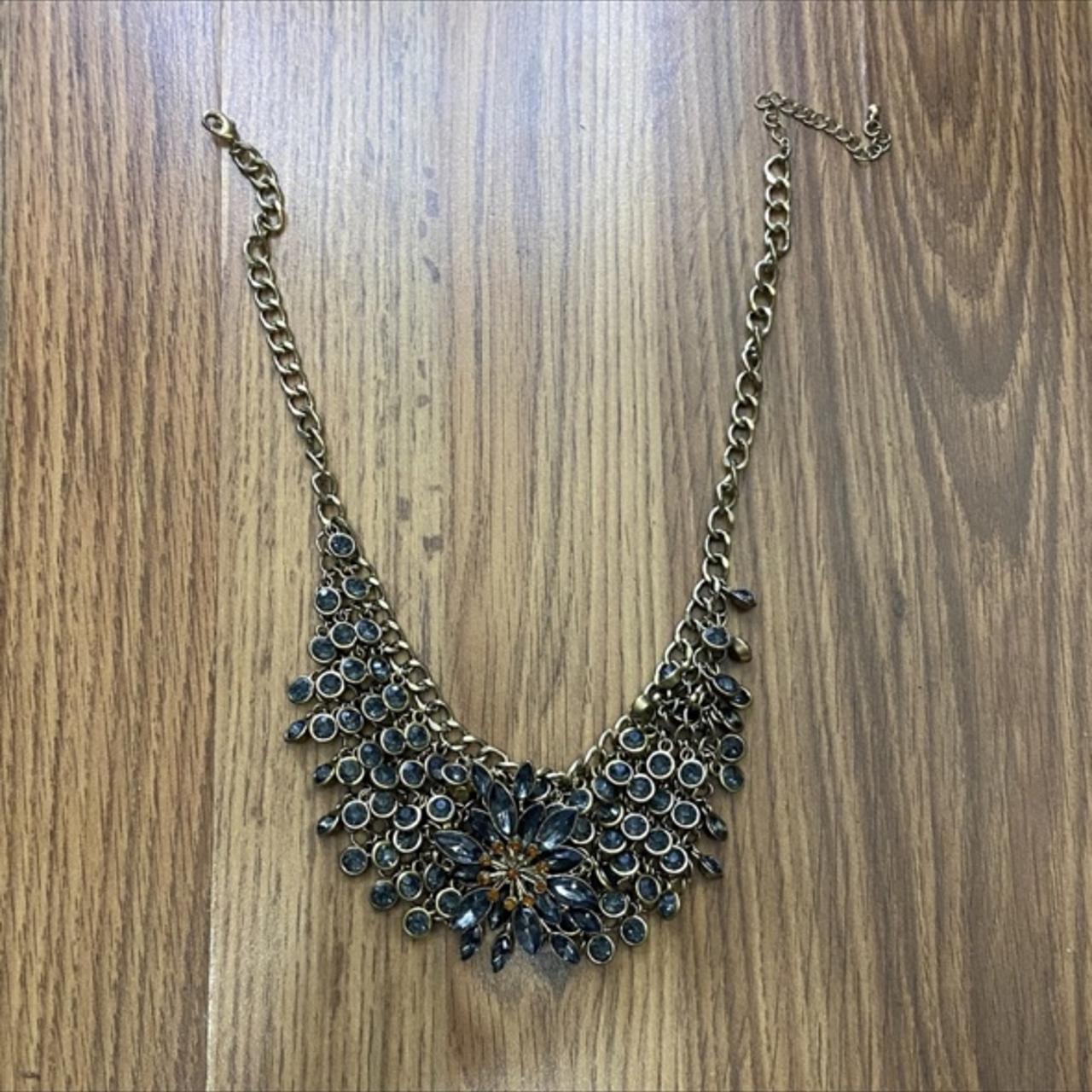 Vintage Bulky Necklace. Gray crystals bulky metal... - Depop