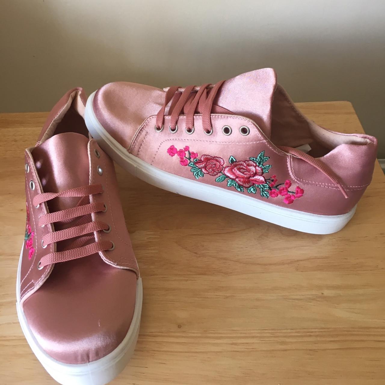 Embroidered pink trainers with flowers along the... - Depop