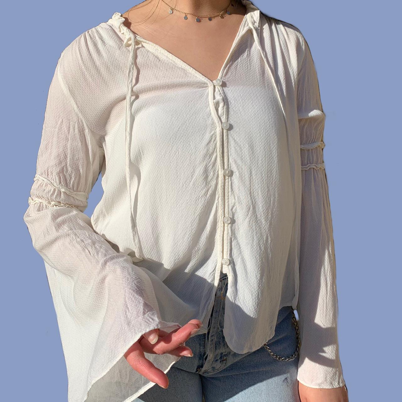 White Flowy Long Sleeve Button Up Top From Forever Depop