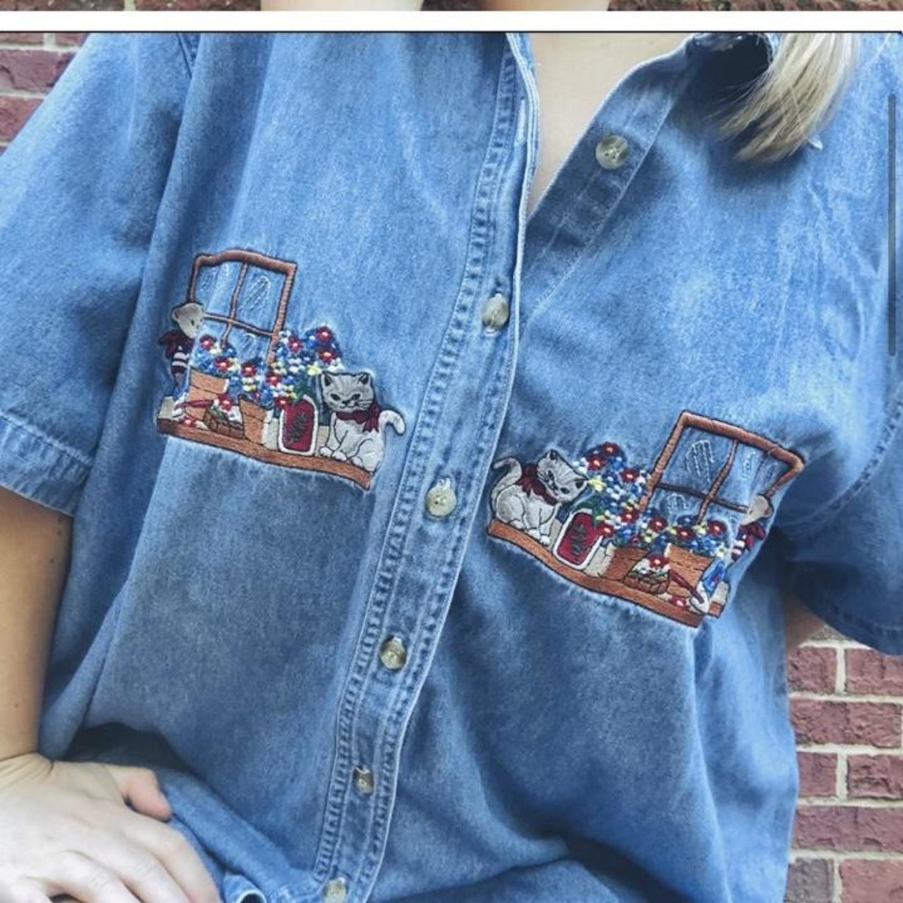 Vintage Embroidered Cats Cottagecore Grandma Denim... - Depop