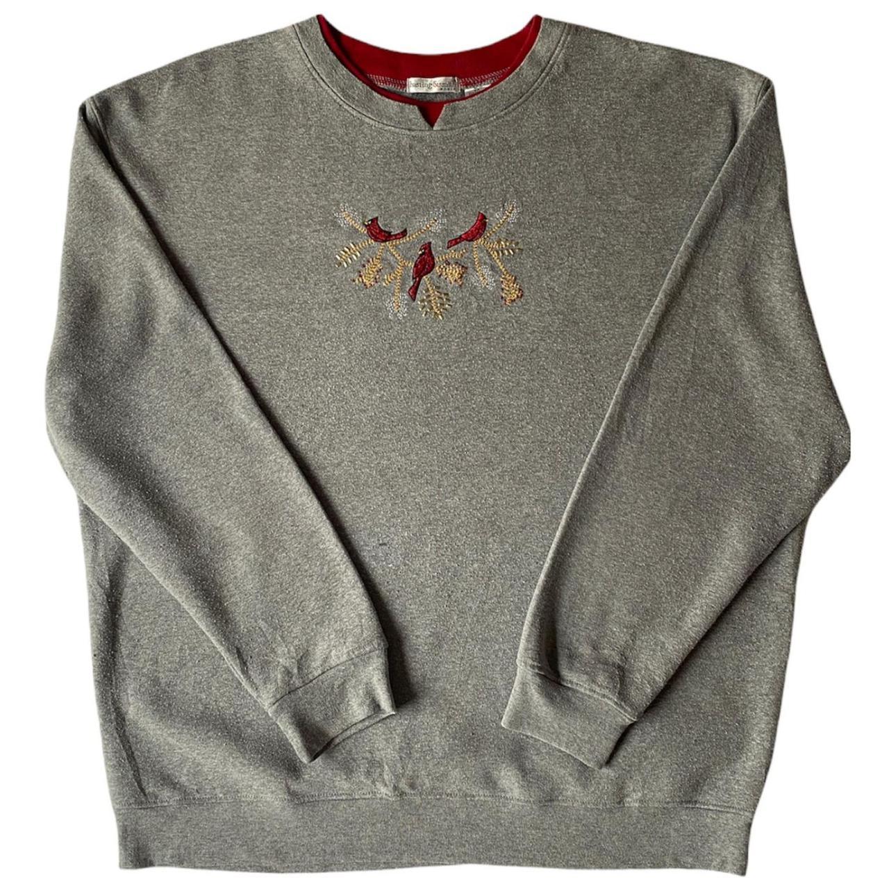 Grey Birds Embroidered Jumper - Cute grey and red... - Depop