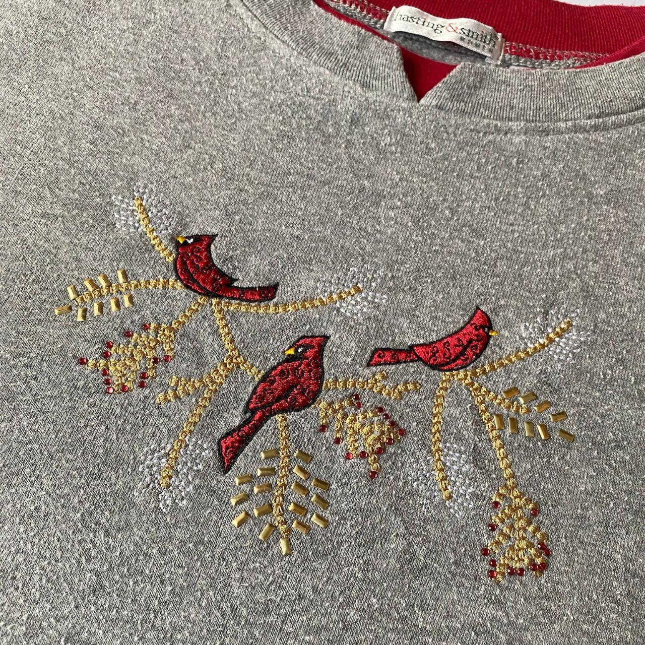 Grey Birds Embroidered Jumper - Cute grey and red... - Depop