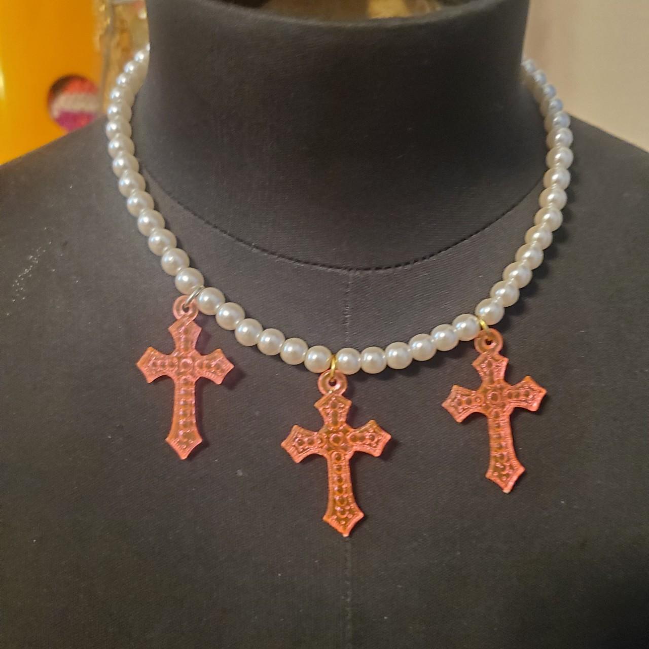 3 Y2k light pink cross charms on a 14" pearl... - Depop