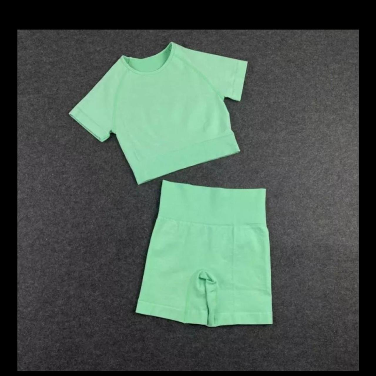 Green seamless yoga gym sets shorts pants and crop... - Depop
