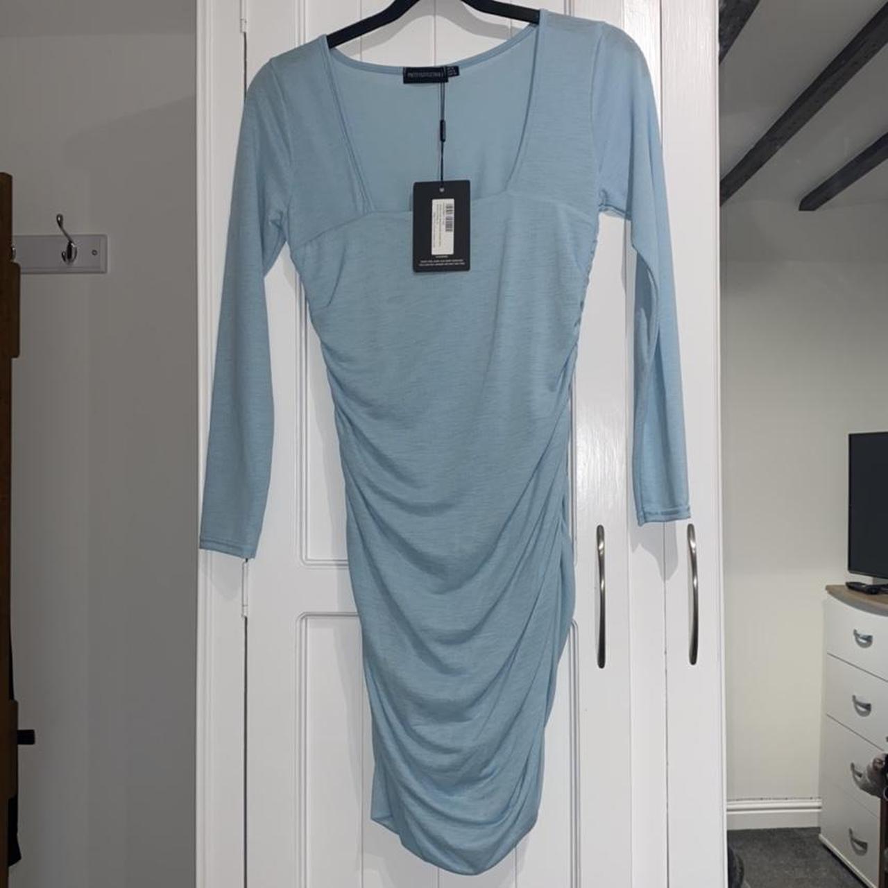 PLT Shape Dusty Blue Ruched Square Neck Bodycon... - Depop
