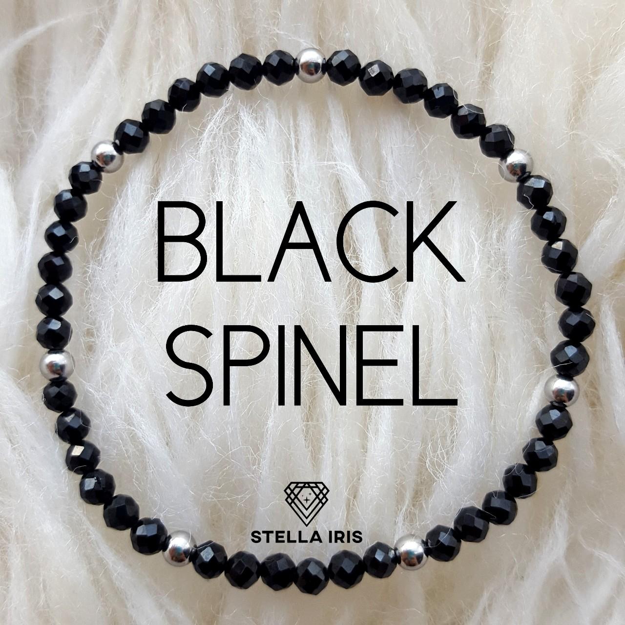 Natural Black Spinel faceted stretch bracelet with... - Depop