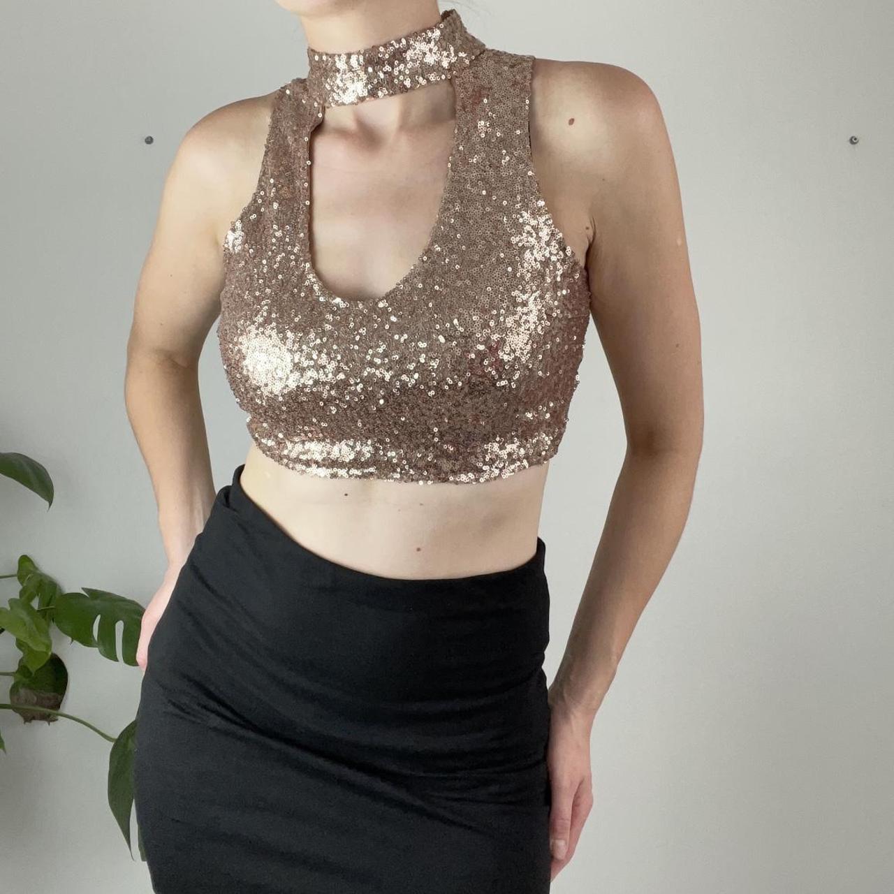 Gold sequin crop top. Good condition. Size S. Little... - Depop