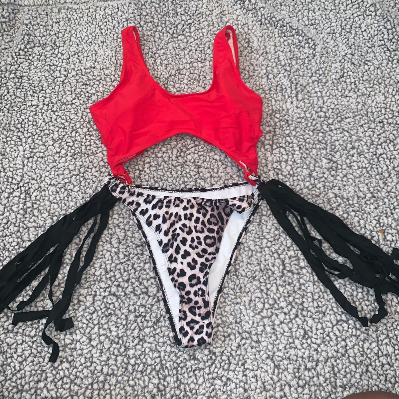 Red animal print one piece Red cheetah exposed swim... - Depop