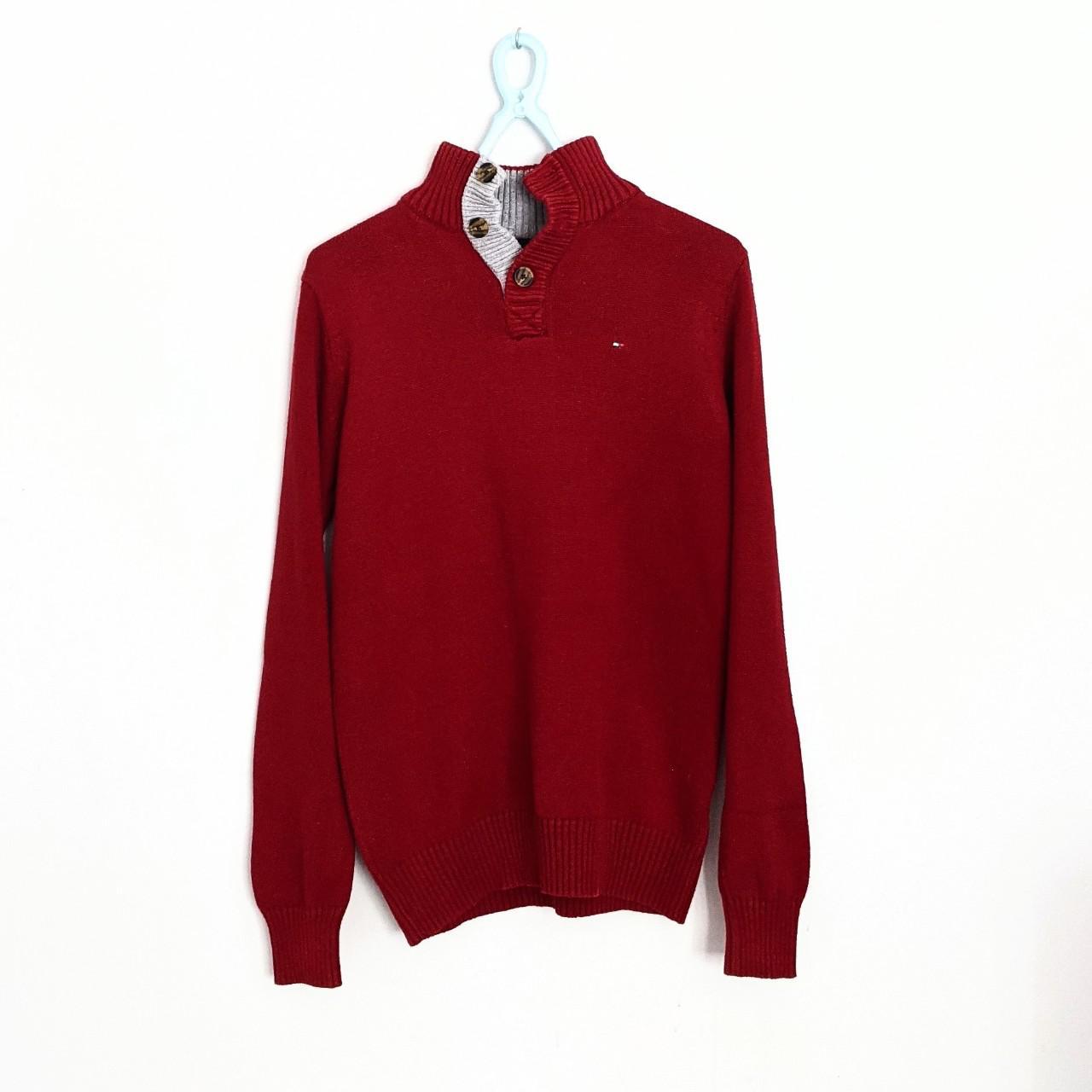 Tommy Hilfiger dark red long sleeve jumper with a... - Depop