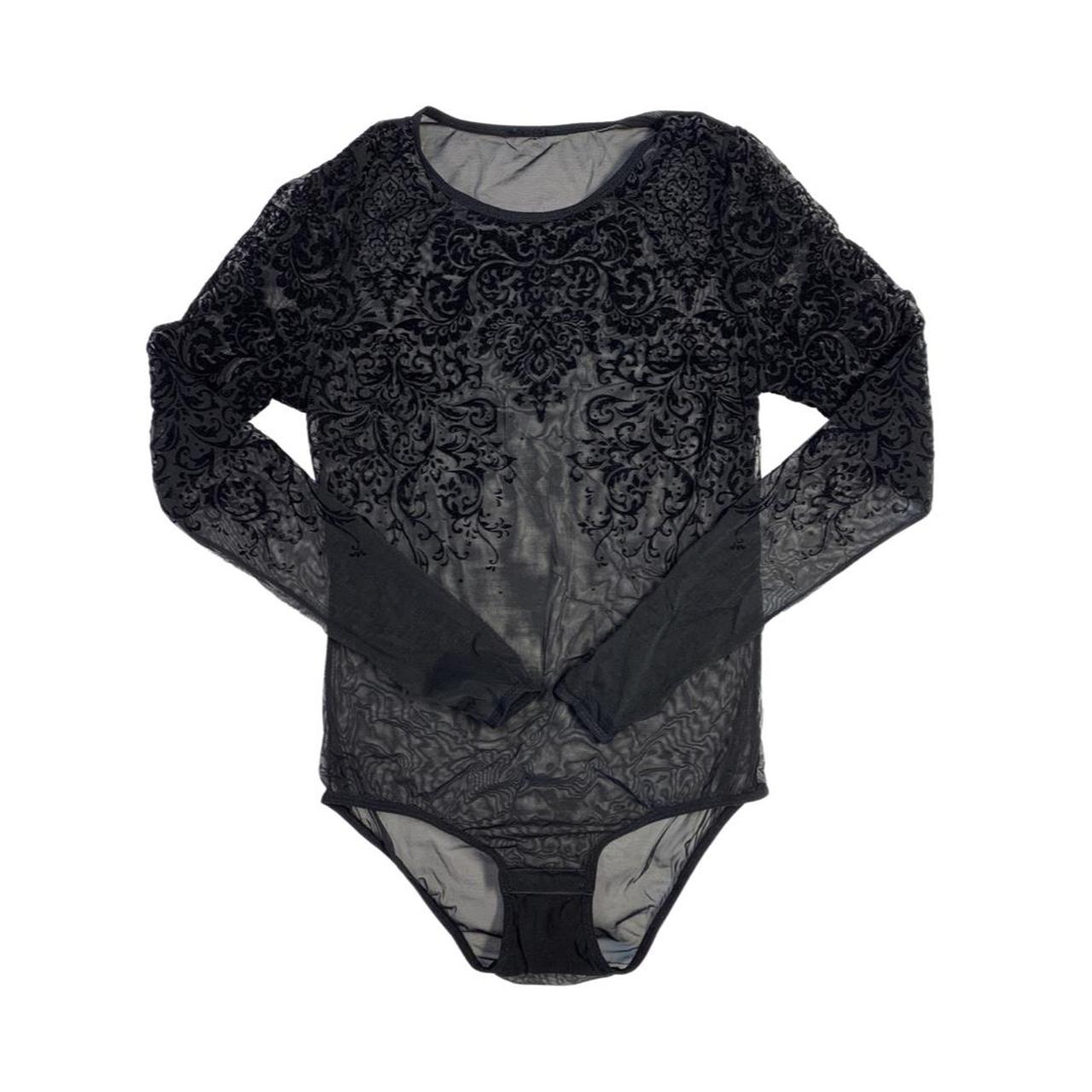 Black mesh body with velour tendril pattern print.... - Depop