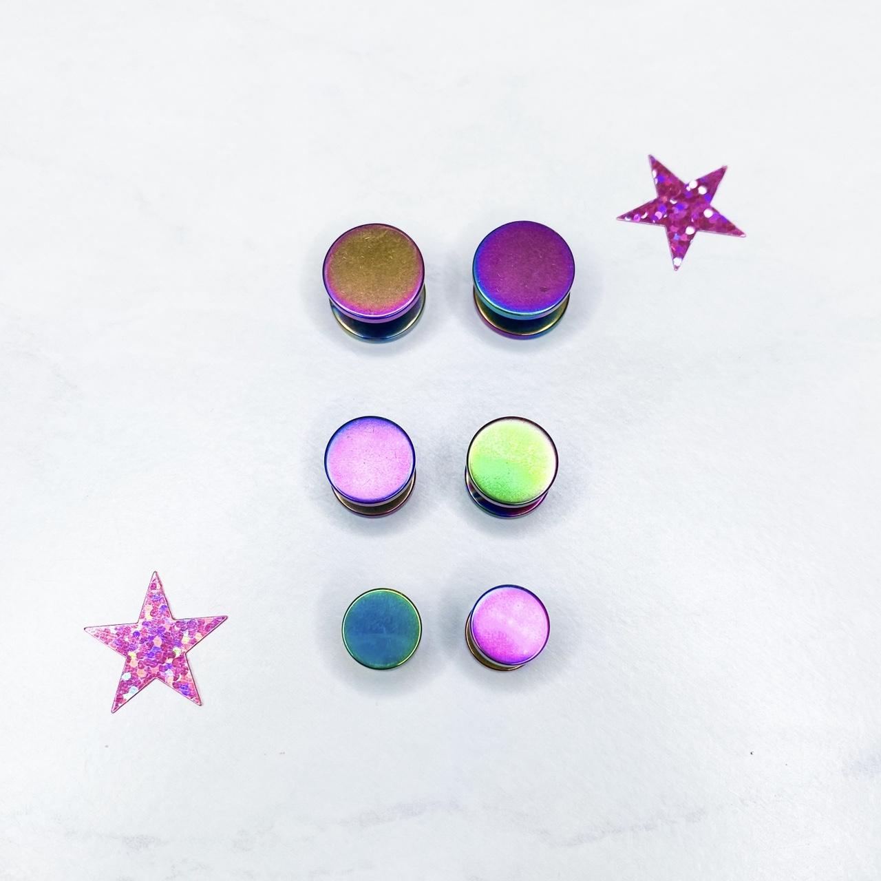 Fake / faux spacer earrings. Metallic rainbow metal... - Depop