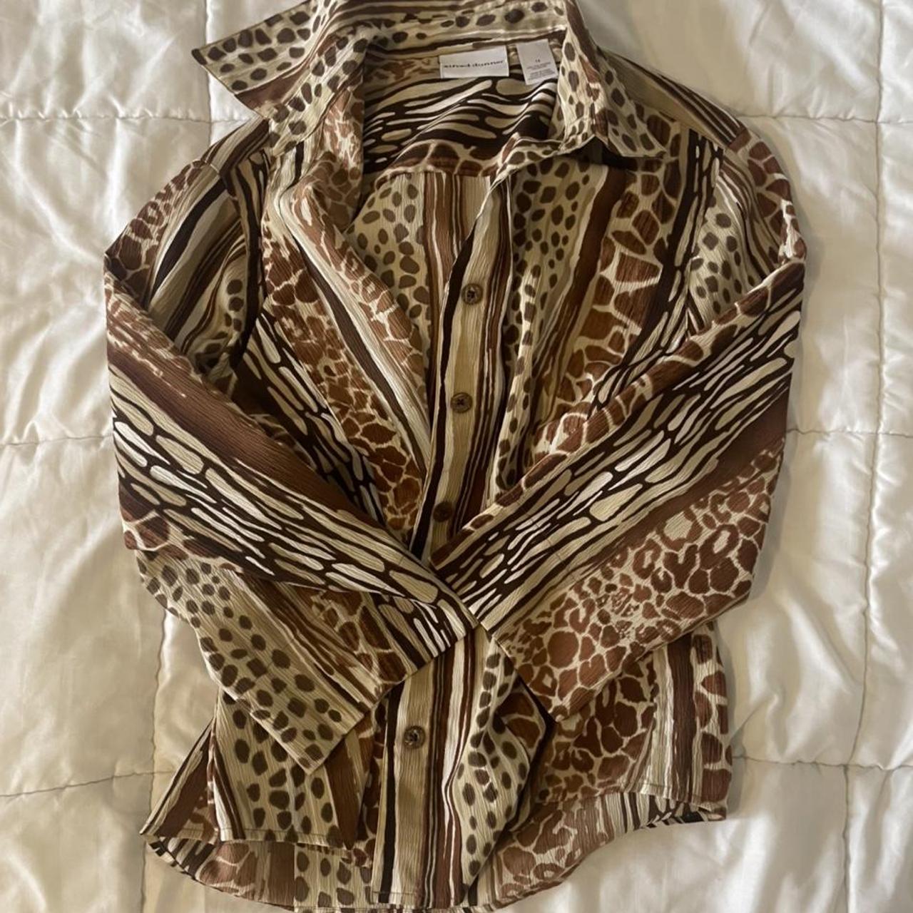 funky animal print float button up with bell bottom... - Depop