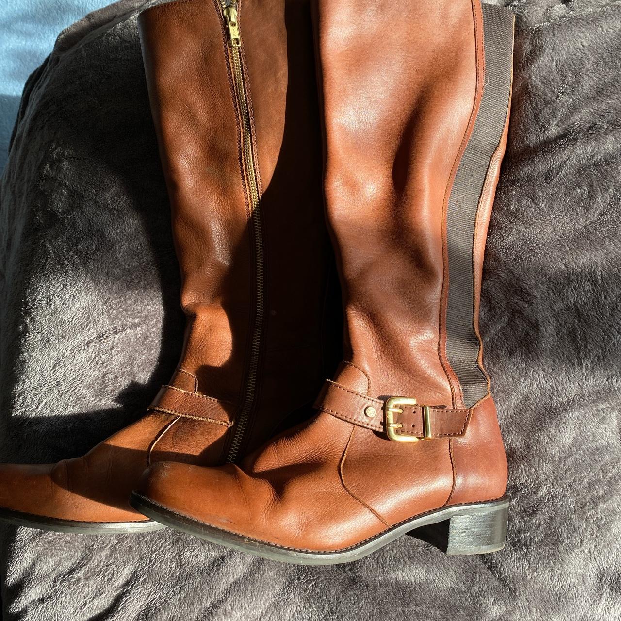 Dune Tan leather riding boots with gold buckle and... - Depop