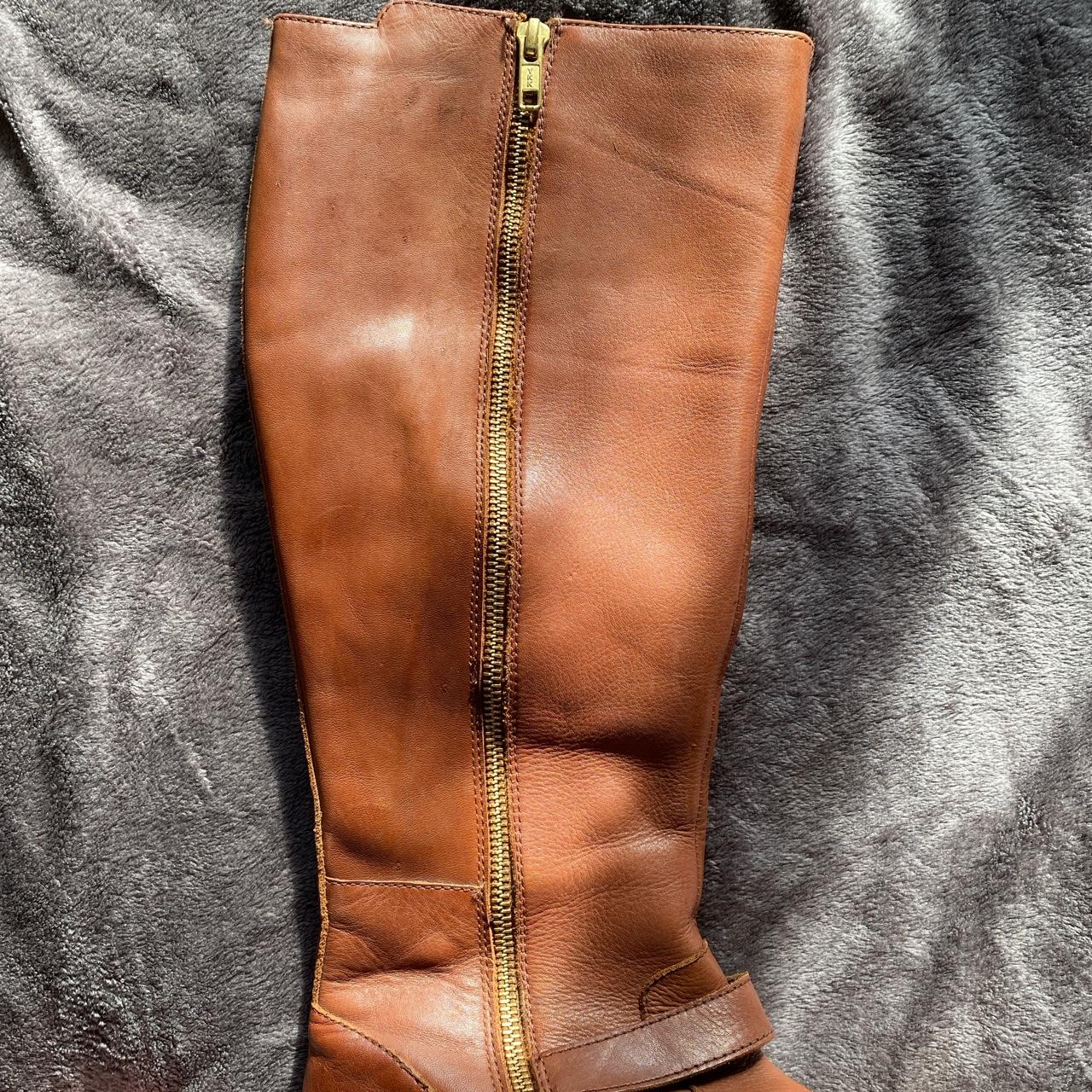 Dune Tan leather riding boots with gold buckle and... - Depop