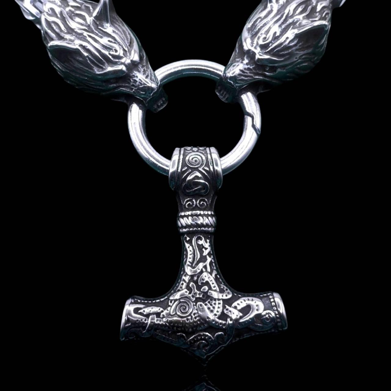 MASSIVE STAINLESS STEEL WOLF KING CHAIN WITH MJOLNIR... - Depop