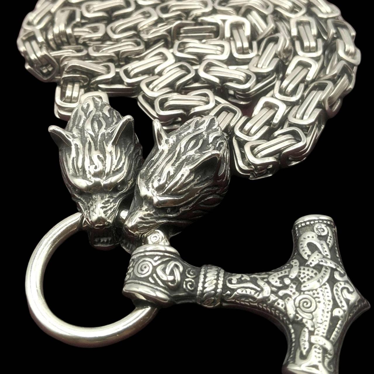 MASSIVE STAINLESS STEEL WOLF KING CHAIN WITH MJOLNIR... - Depop