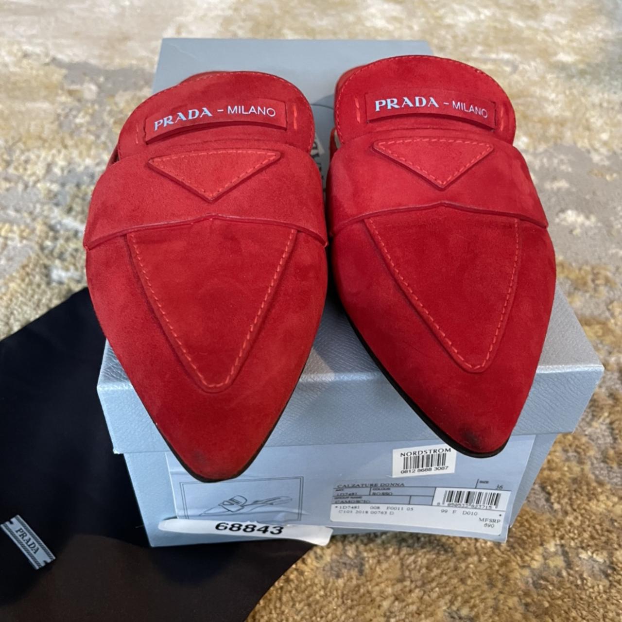 Prada Red Suede Pointed Toe Mules Only worn twice,... - Depop