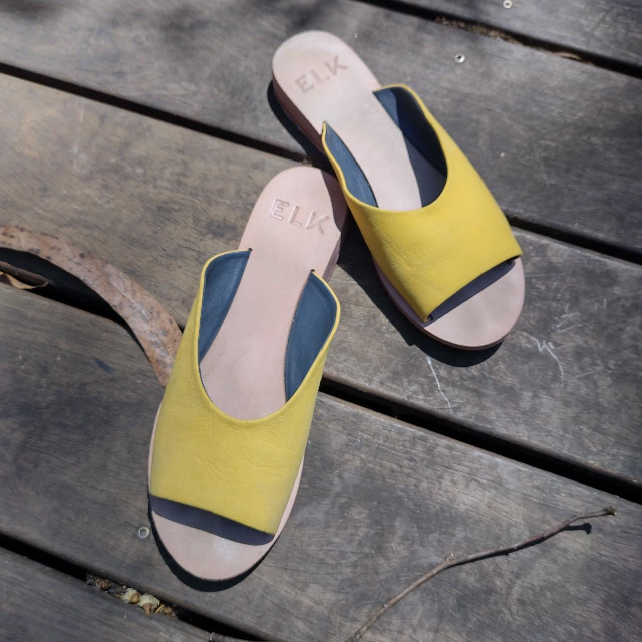 Yellow leather slides. Designed and made in... - Depop