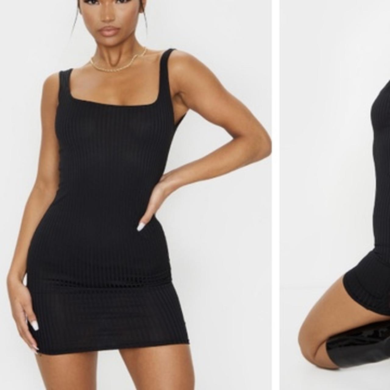 Black ribbed square neck bodycon mini dress Never... - Depop