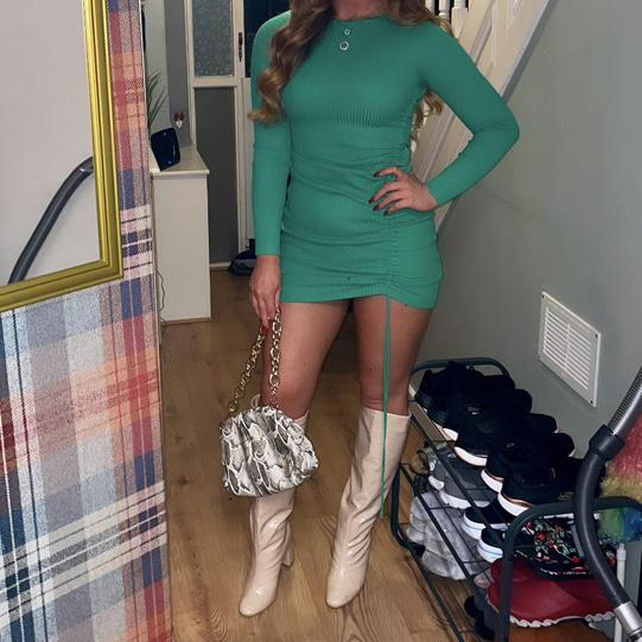 MISSGUIDED GREEN KNIT RUCHED DRESS CAN TiE STRING... - Depop