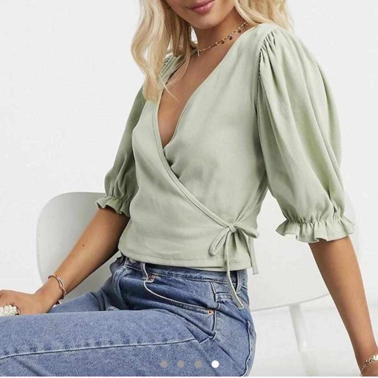 Monki sage green wrap top | size XS | sold out... - Depop