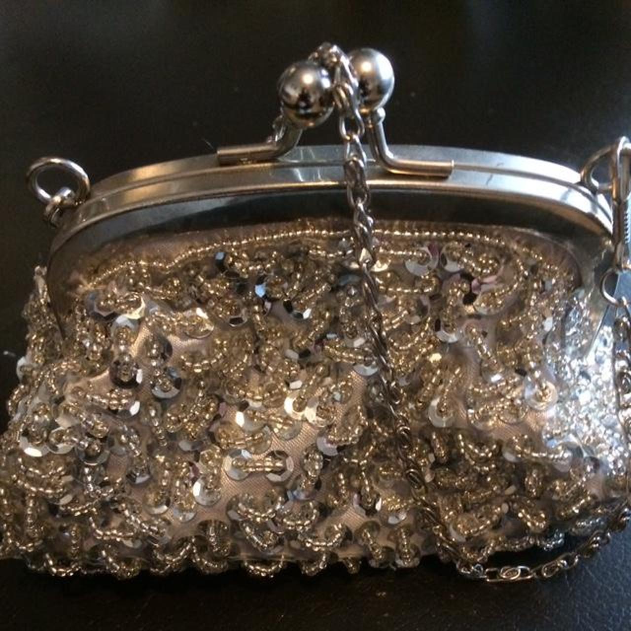 Silver beaded evening bag , has option of long or... - Depop