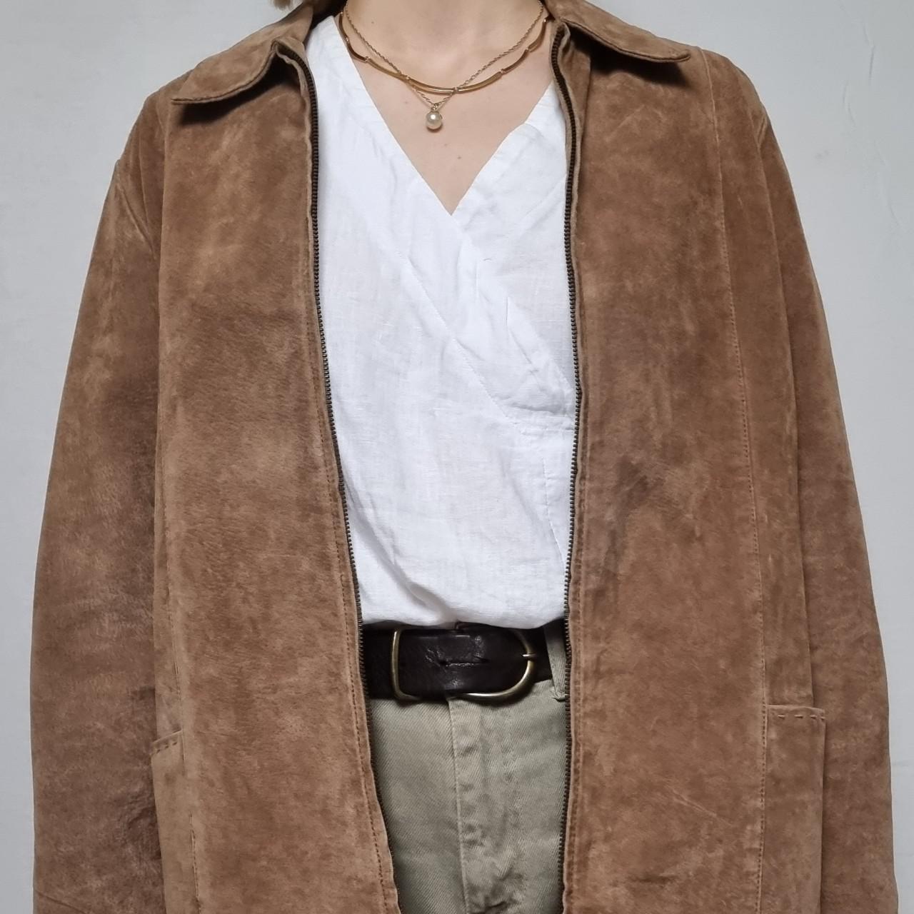 Lovely real suede tan jacket with centre zip and... - Depop