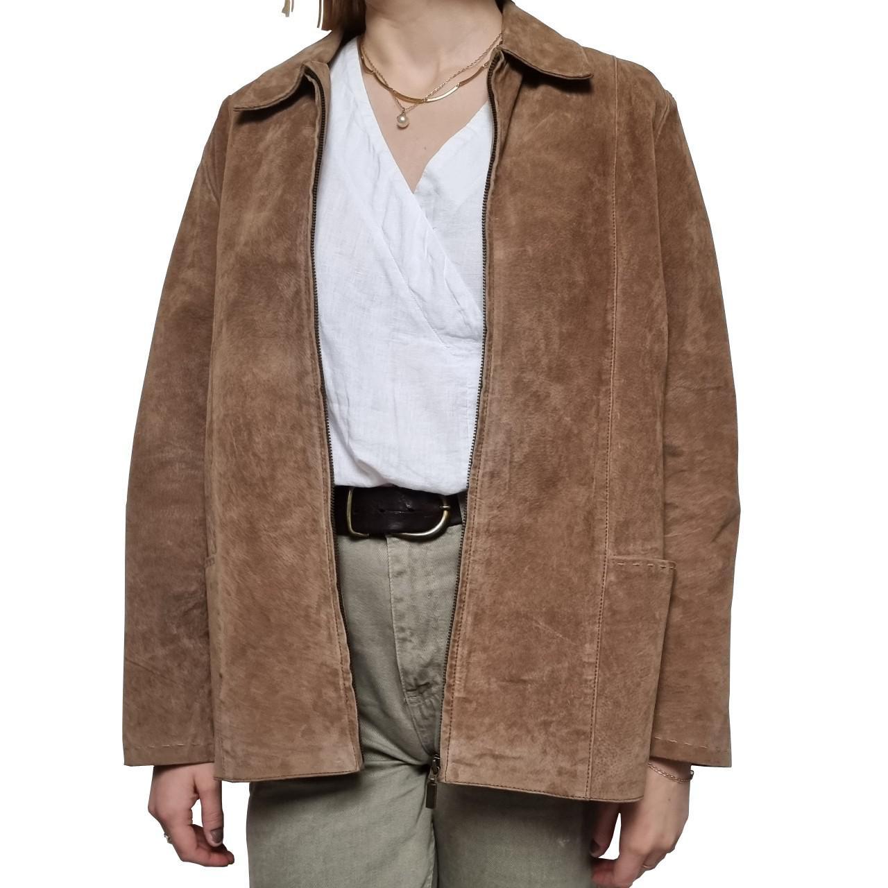 Lovely real suede tan jacket with centre zip and... - Depop