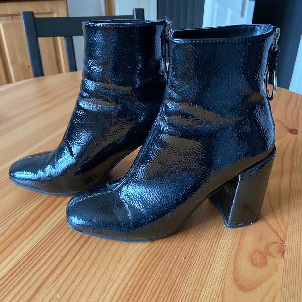 Dorothy Perkins black patent heeled boot with zip at... - Depop
