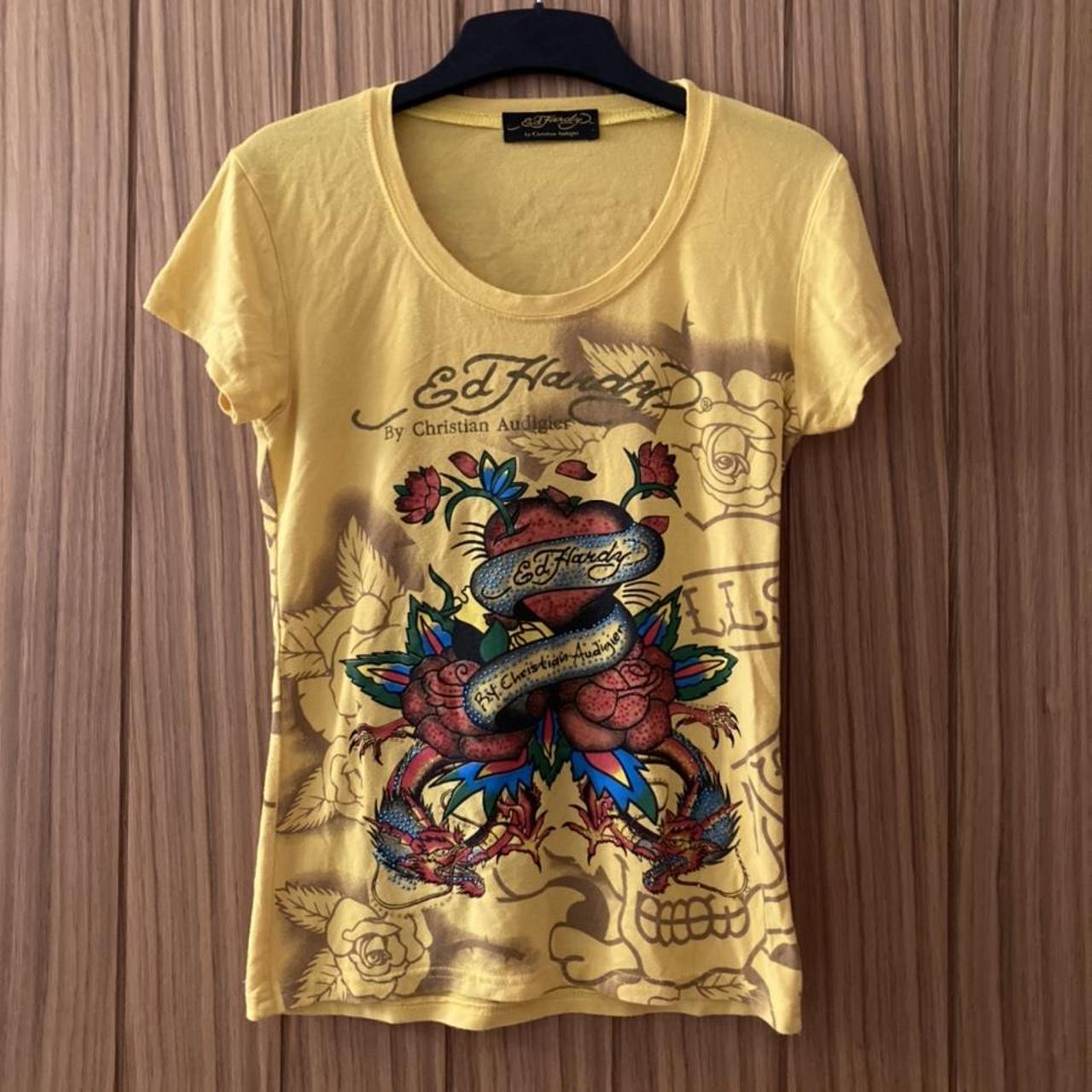 Yellow Ed Hardy Top, early 2000s, child’s size but... - Depop