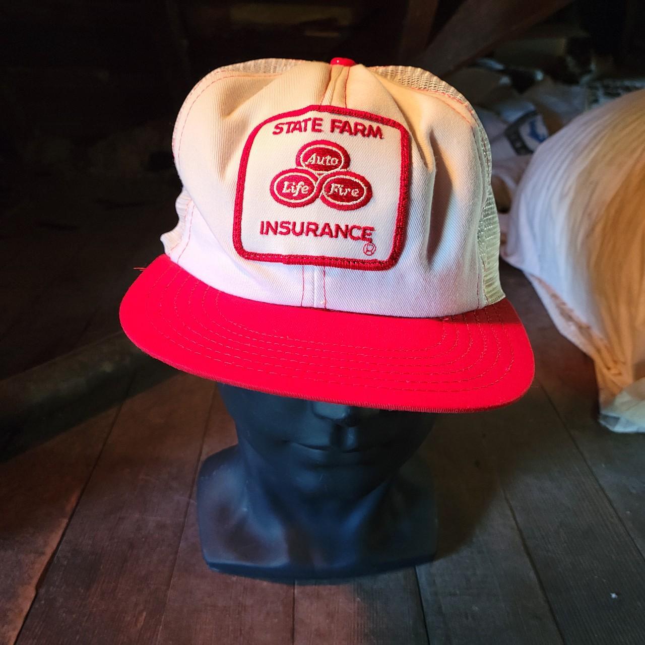 Red and White vintage trucker style State Farm... - Depop