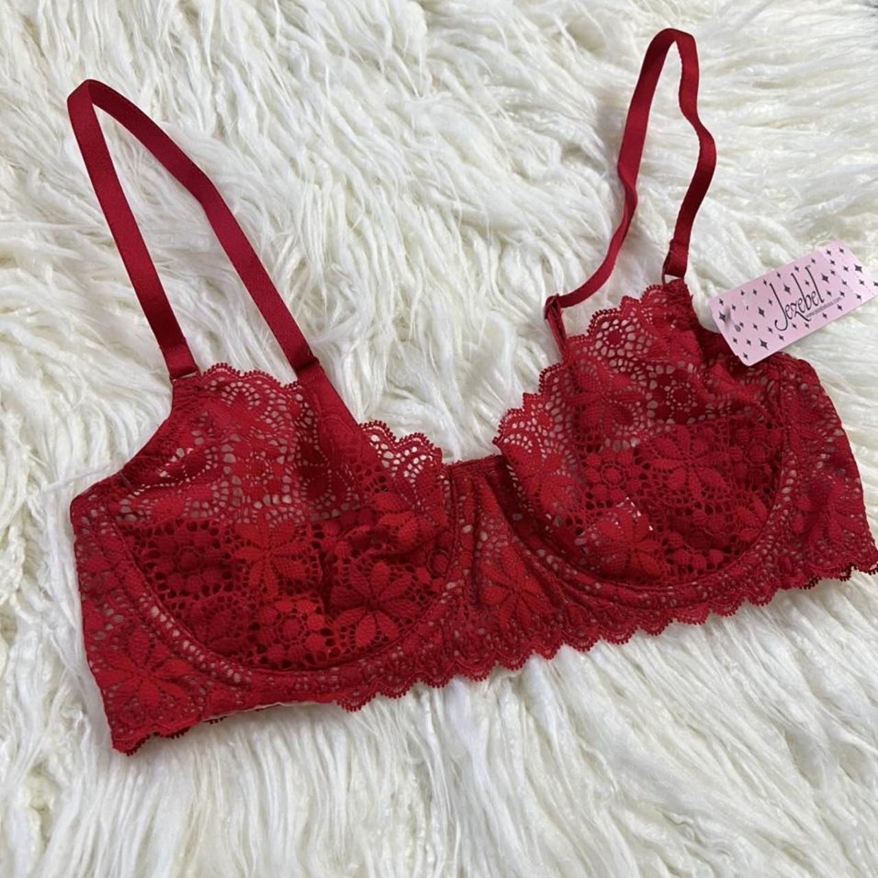 Beautiful, unique lace bra cherry red... - Depop