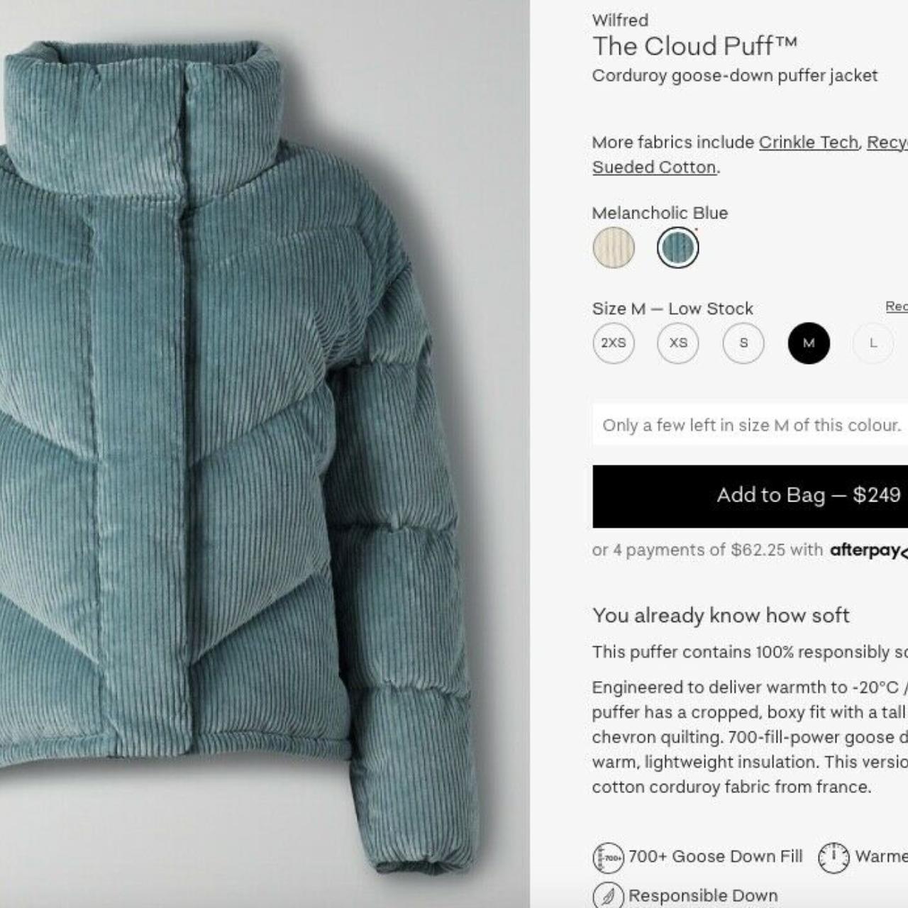 Aritzia Cloud Puff in Melancholy Blue Corduroy... - Depop