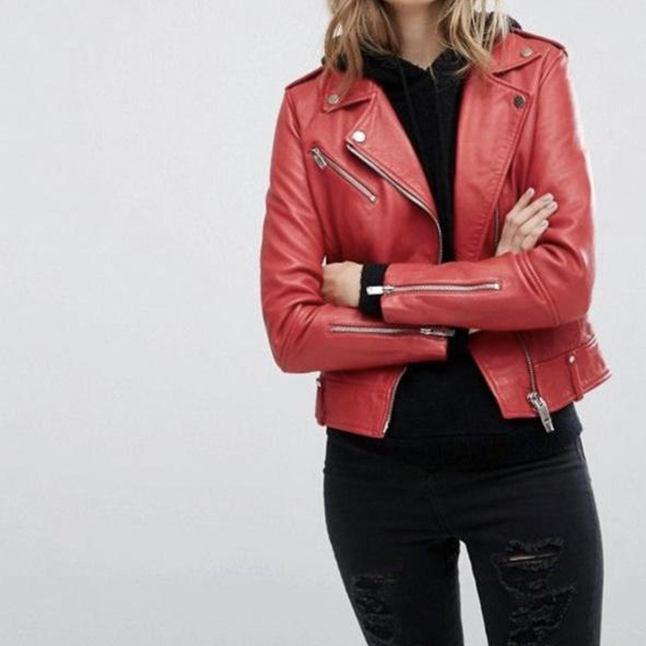 mango red leather jacket size small worn few times... - Depop